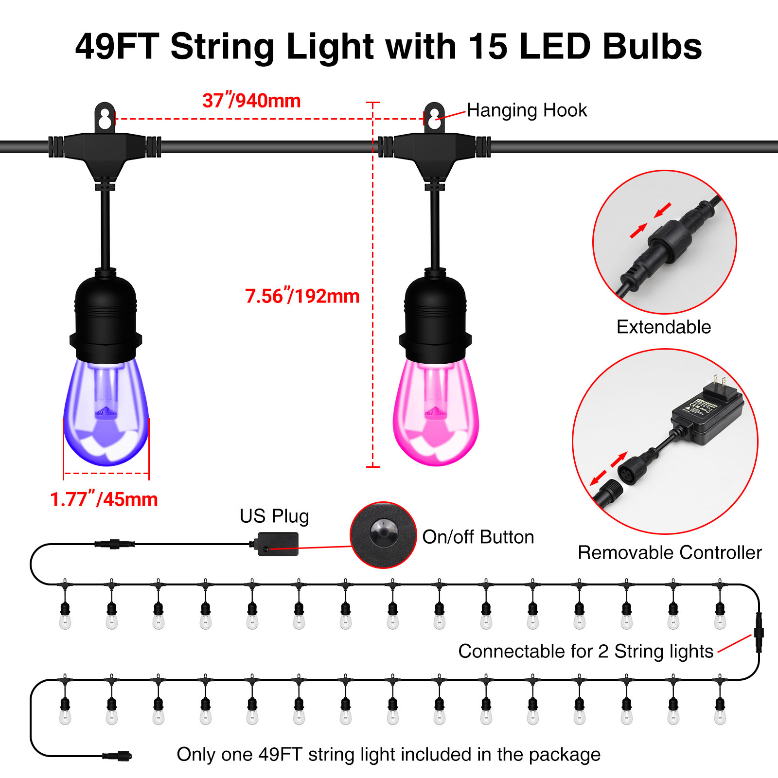 Outdoor String Lights – RGBIC+2700K Warm White, Smart WiFi Dream Color ...