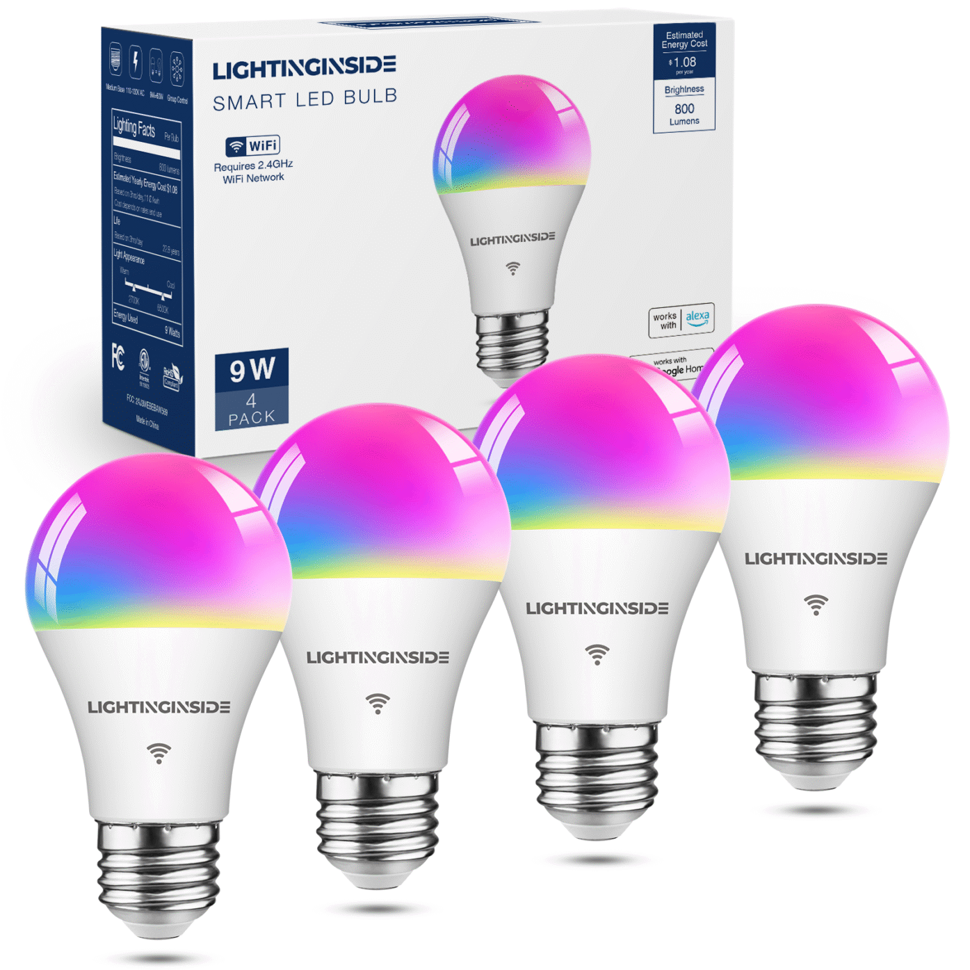 Smart Light Bulbs 60W Equivalent, 9W 800lm, A19 E26 WiFi Smart Bulb ...